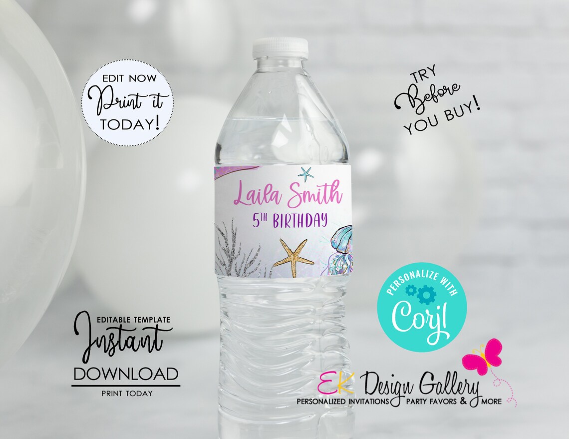 Editable Mermaid Tail Water Bottle Label: Under the Sea Birthday ...