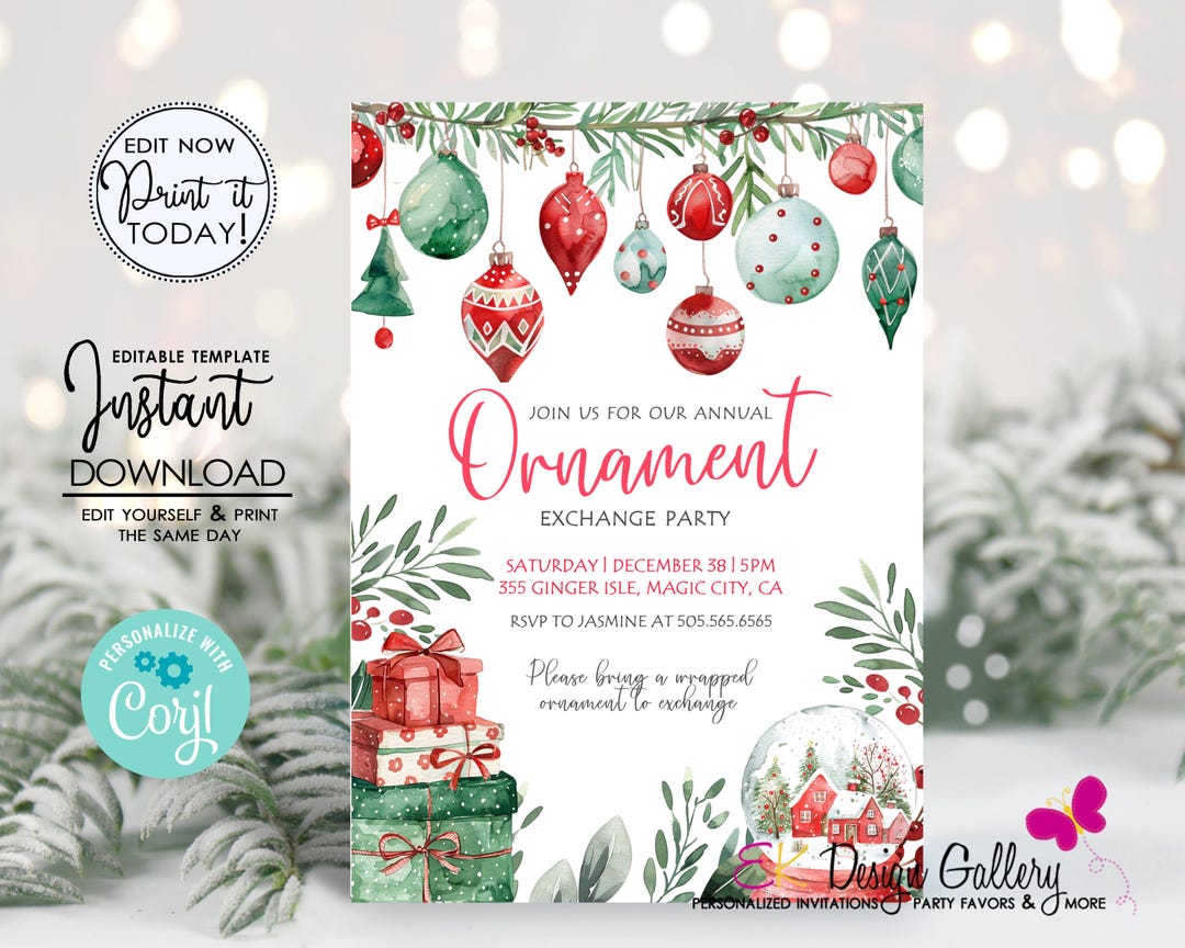 Christmas Ornament Exchange Invitation: Holiday Party Invite, EDITABLE ...