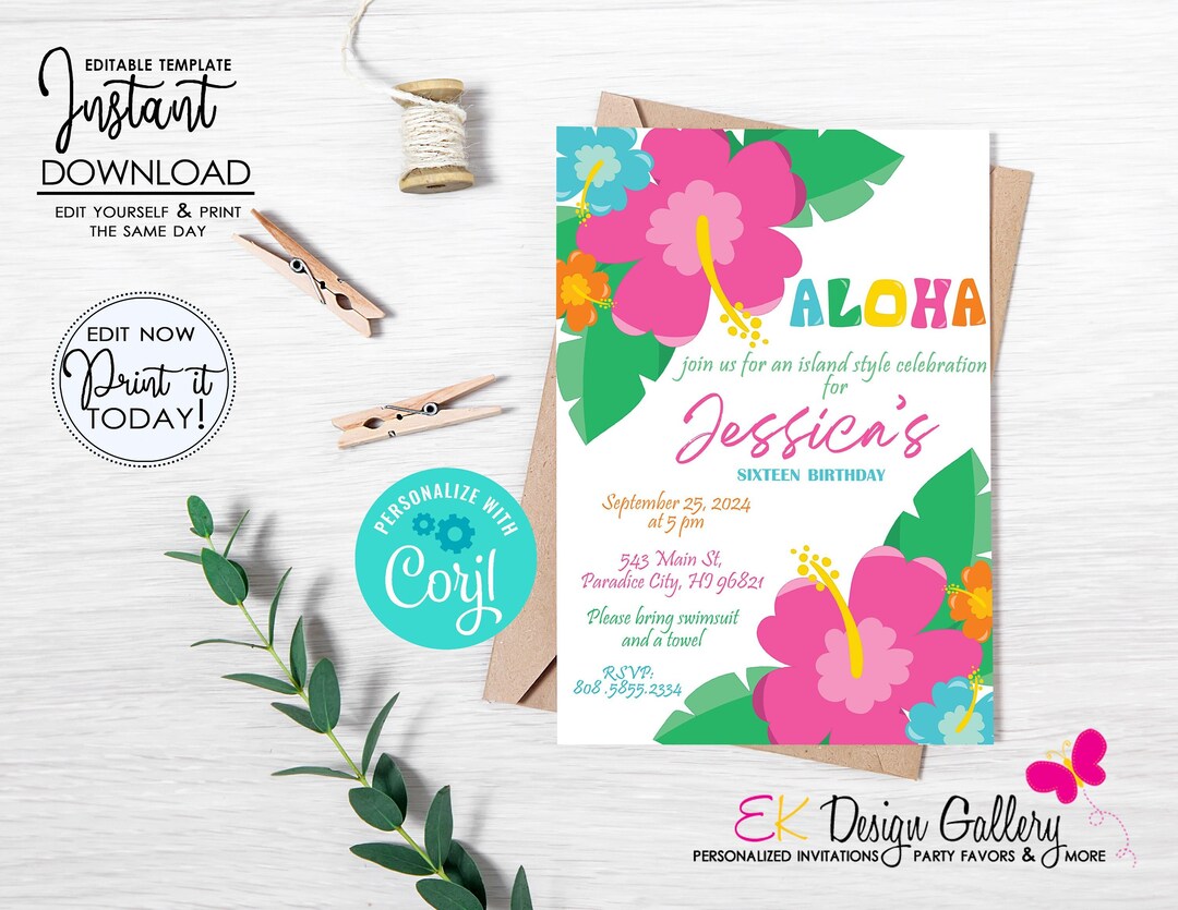 Editable Island Style Birthday Invitation Hawaiian Style Birthday ...