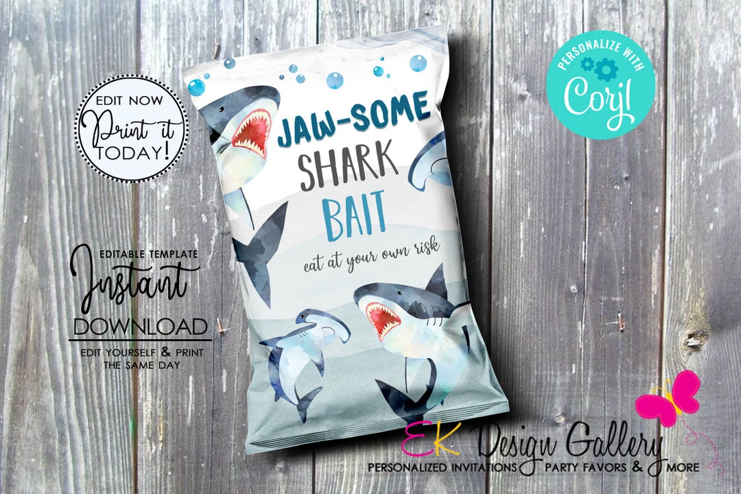 Editable Shark Chip Bag Shark Birthday Favors Sharks Birthday Treat ...