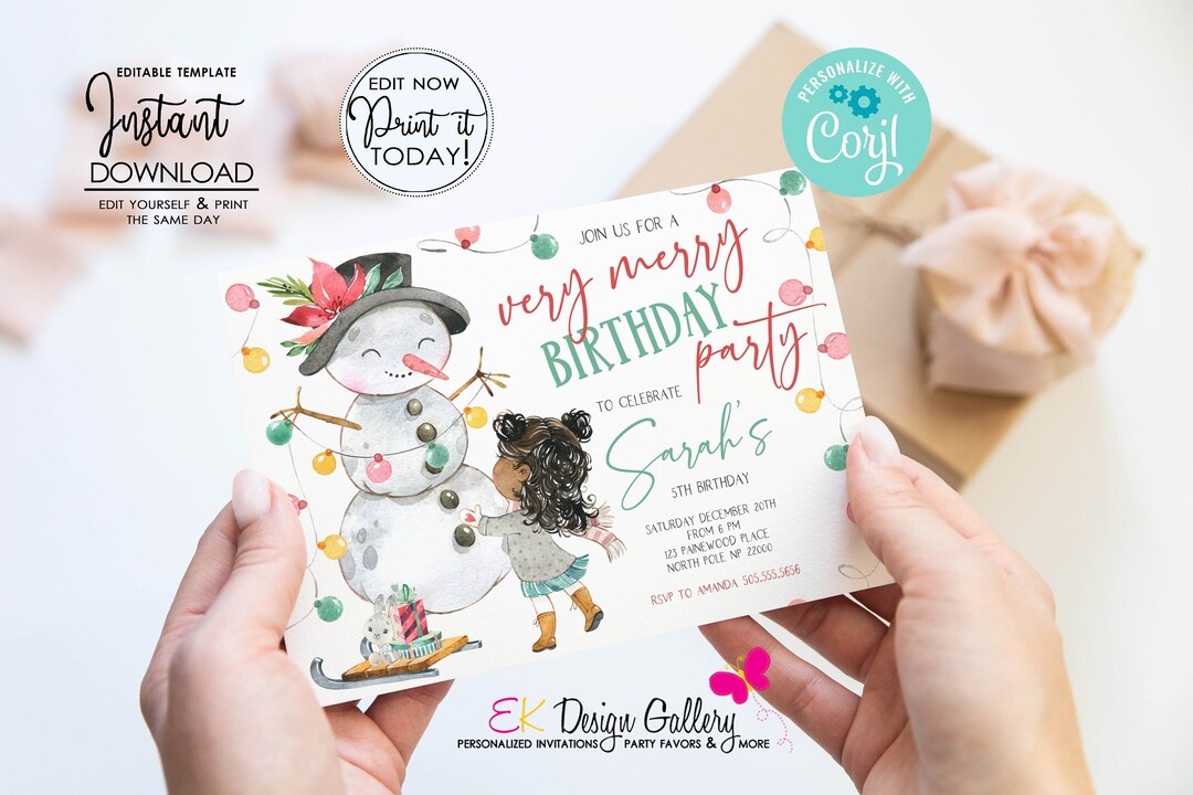 Christmas Birthday Party Invitation Girls Play Snowman Invite Holiday ...