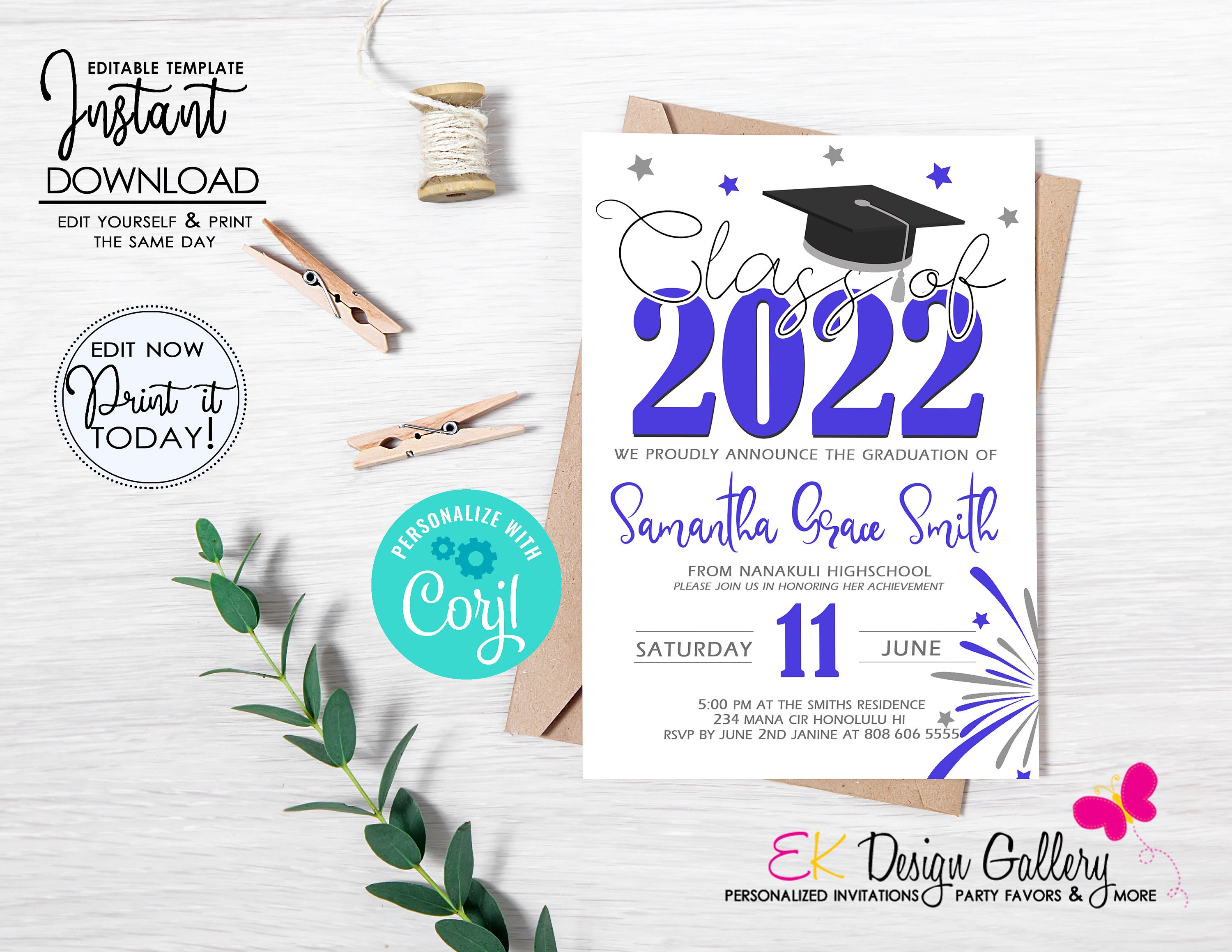 Purple & Gold Graduation Invitation: Class of 2025, Editable (instant ...