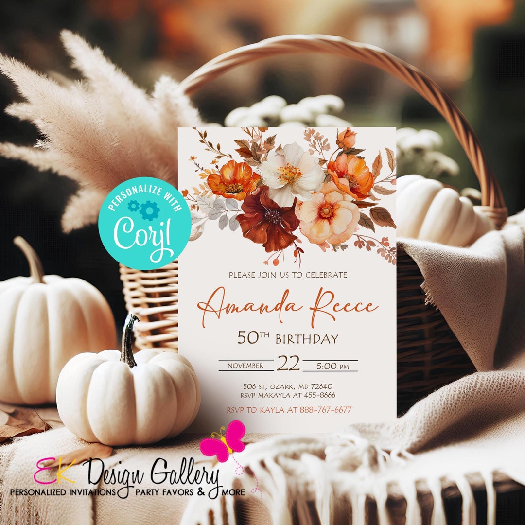 Fall Birthday Party Invitation, Rusty Floral Invite, EDITABLE Instant ...