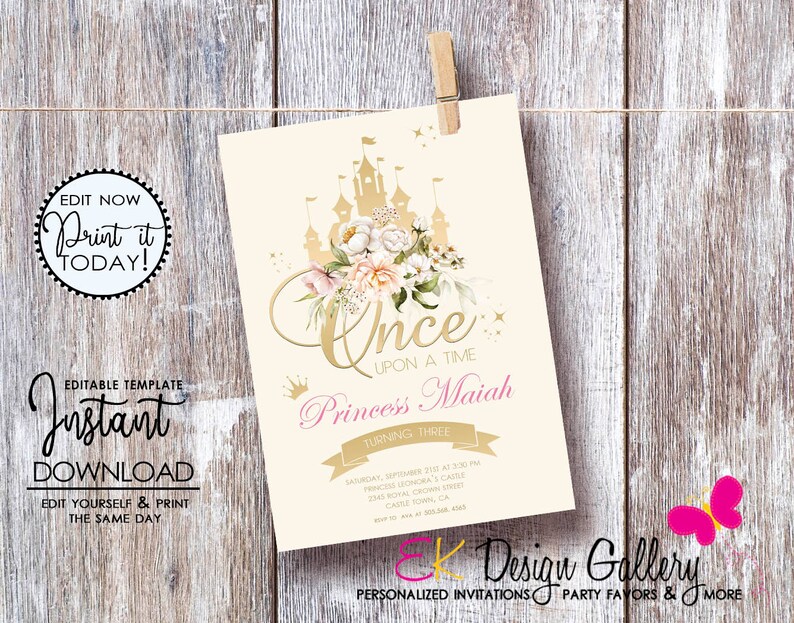 Editable Princess Birthday Invitation: Once Upon Time Party Invite ...