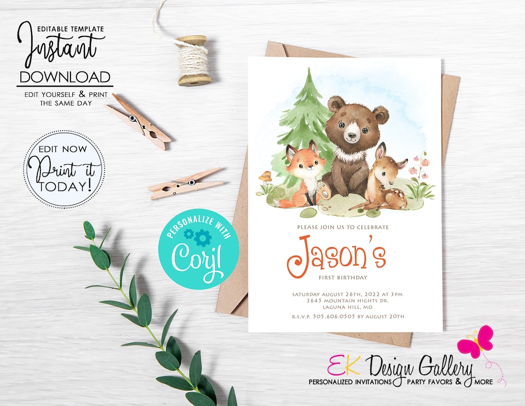 Editable Woodland Birthday Invitation Woodland Animals Birthday Party ...