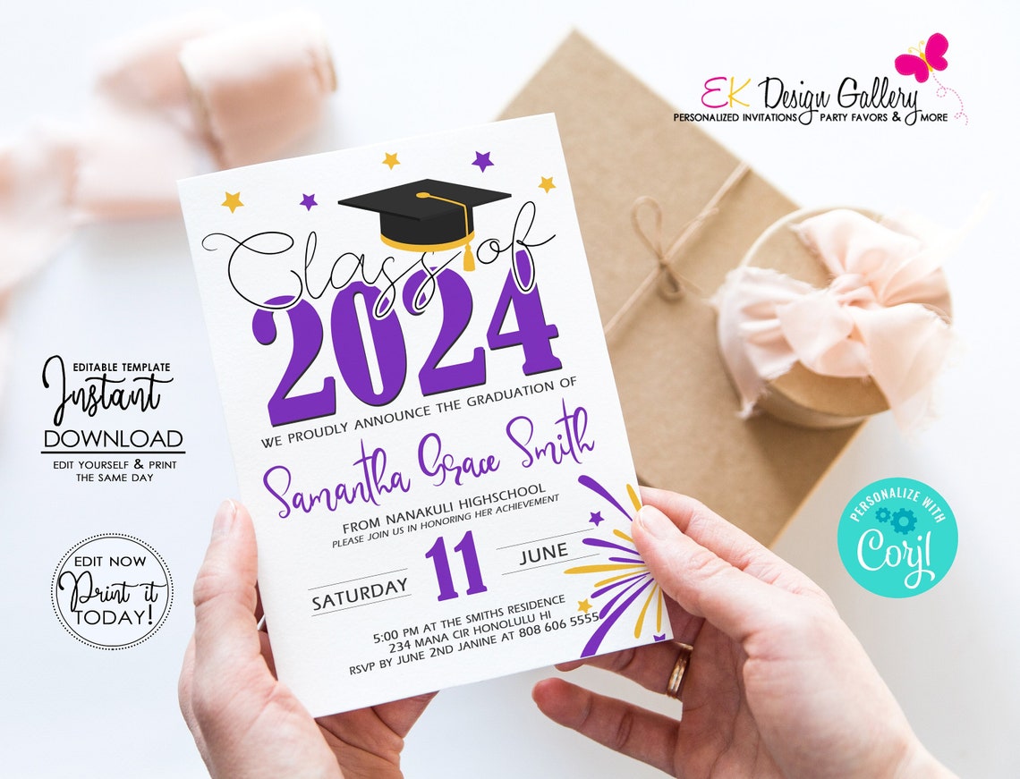 Purple & Gold Graduation Invitation: Class of 2026, Editable (instant ...