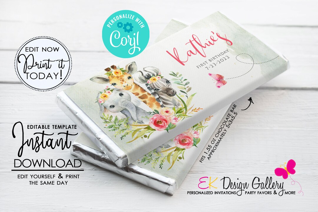 INSTANT DOWNLOAD Safari Animals Candy Bar Wrap Girls Wild Birthday ...