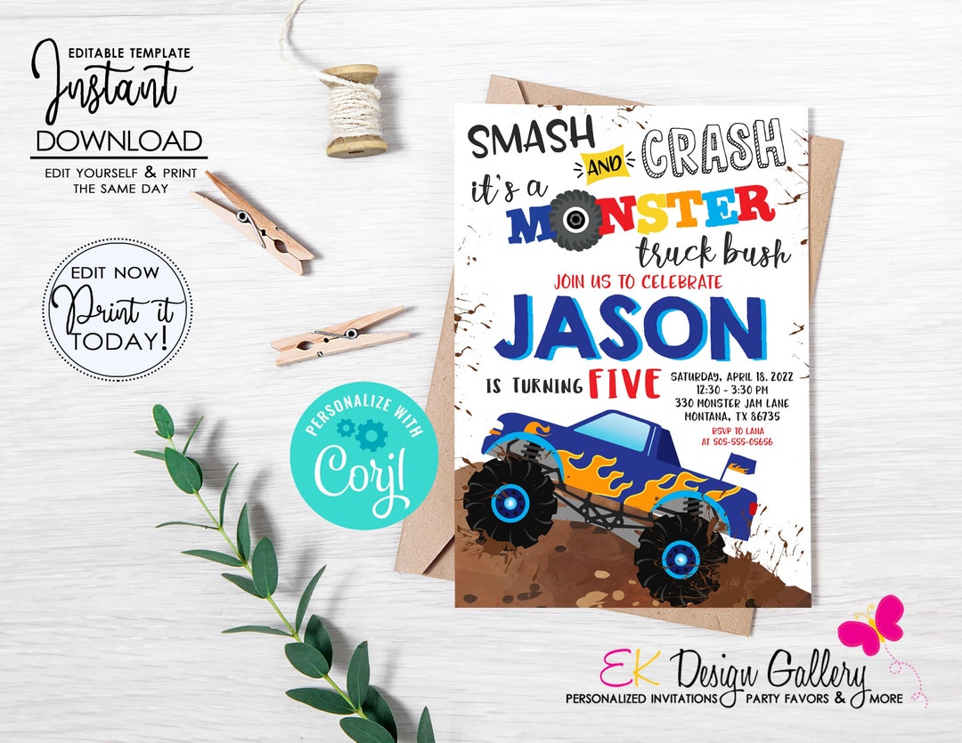 Editable Monster Truck Birthday Invitation Monster Jam Party Boys ...