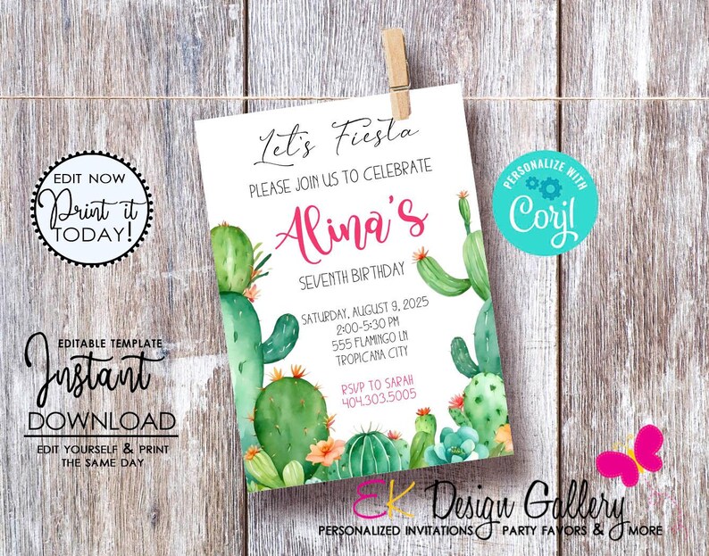 Cactus Fiesta Birthday Invitation: Editable Succulent Party Invite, 5x7 ...