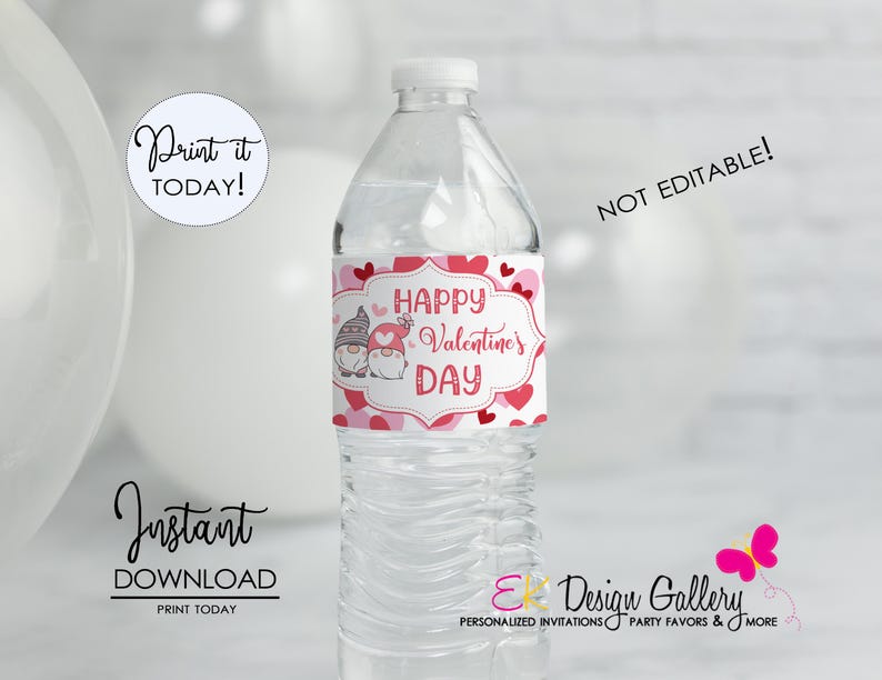 Valentine's Day Gnome Water Bottle Label, Printable Bottle Wrap ...
