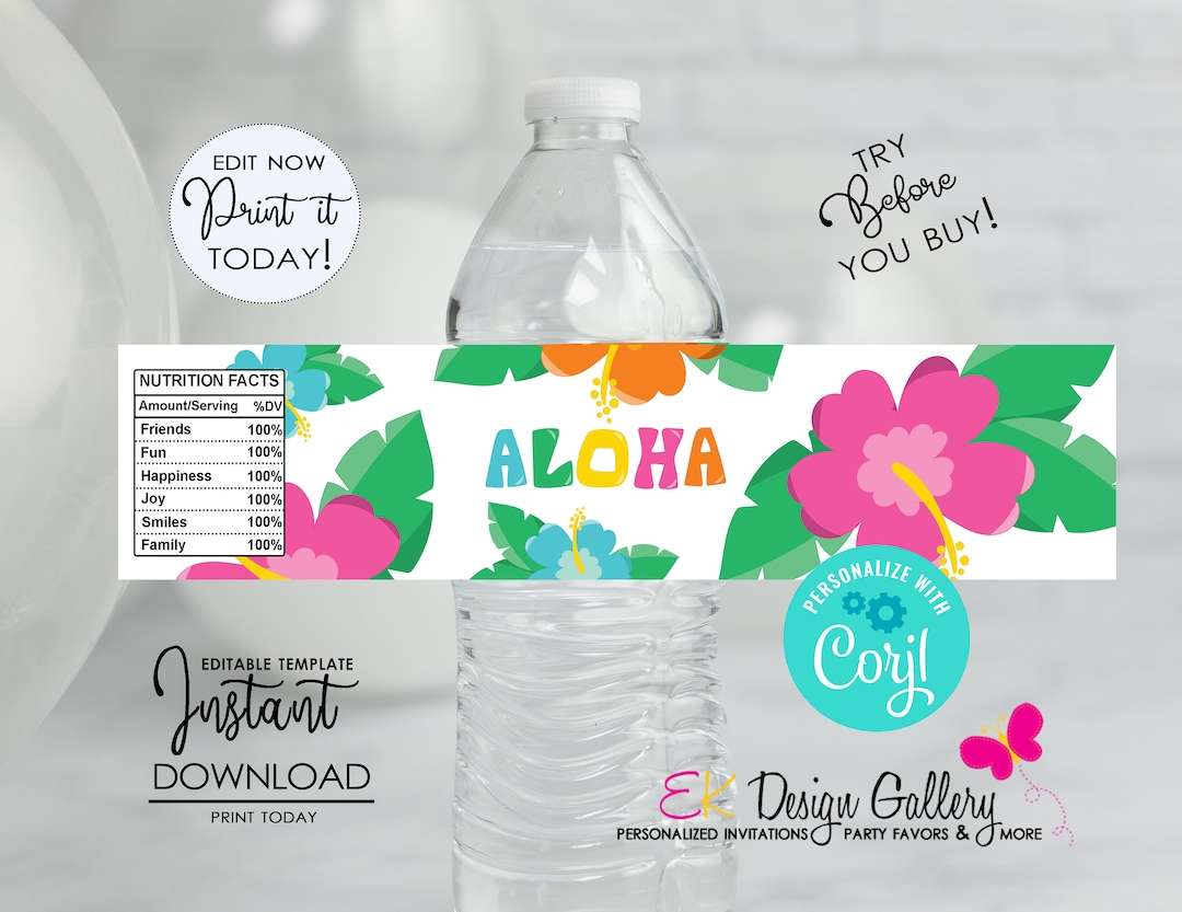 Aloha Water Bottle Labels: Hawaiian Luau Party Decoration (instant ...