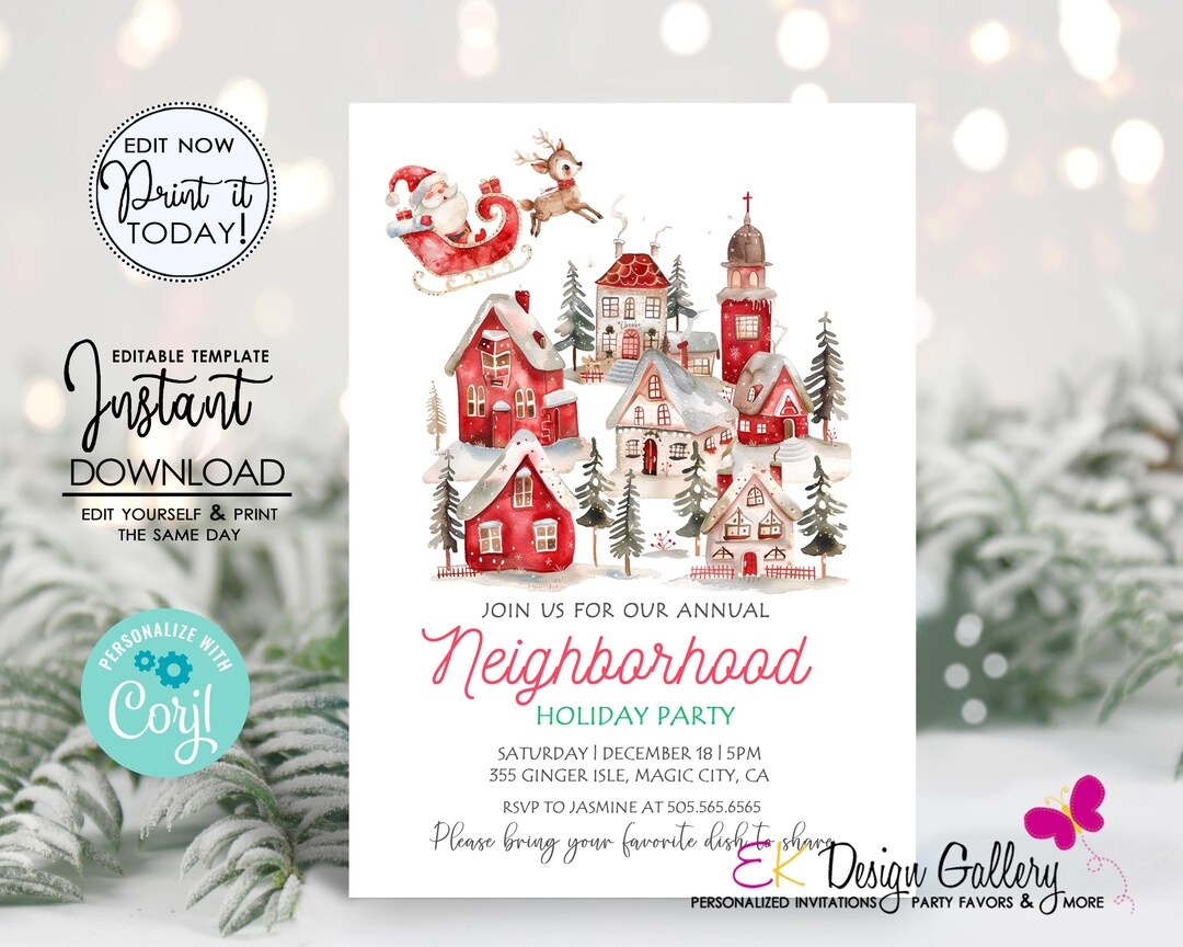 Neighborhood Christmas Party Invitation: Editable Holiday Block Party ...