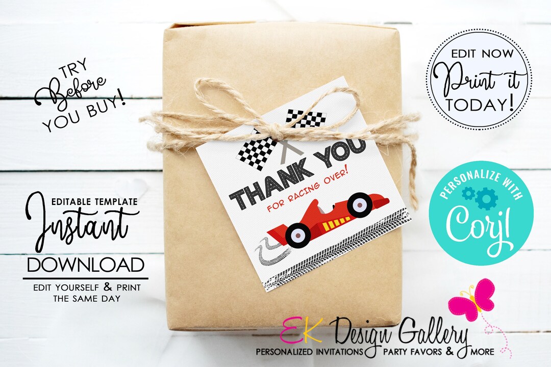 Racing Car Thank You Tag Race Car Birthday Tag Race Car Treat Tag Racing Car Favors Tag Race Car ...
