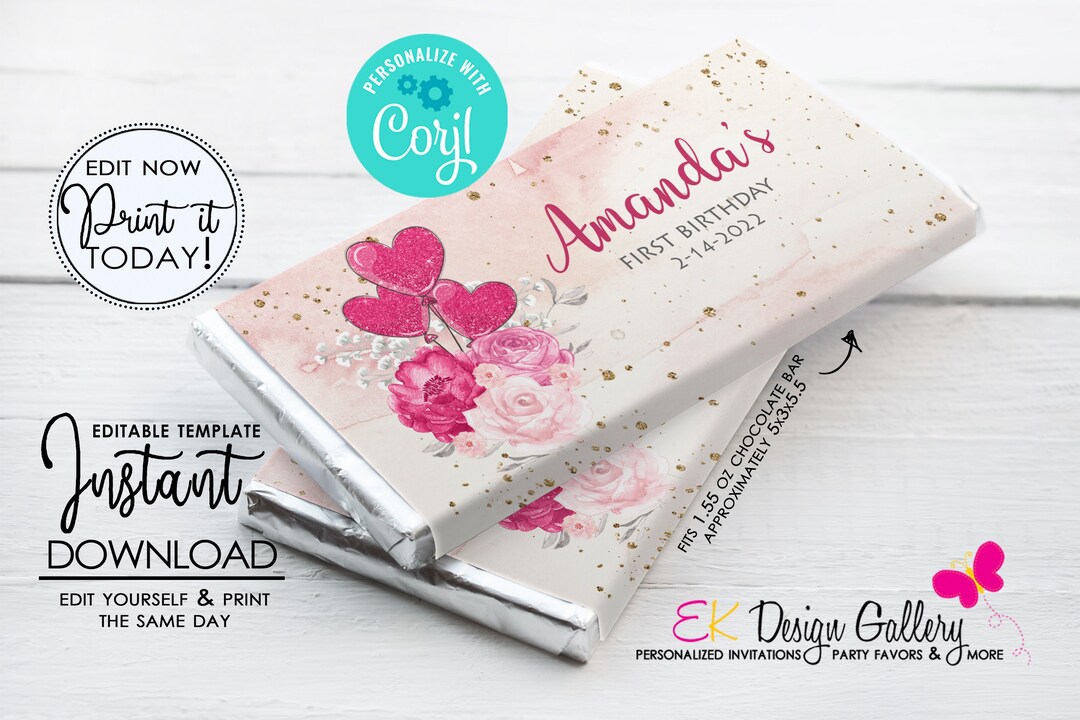 Editable Valentine's Day Candy Bar Wrapper: Birthday Party Chocolate ...