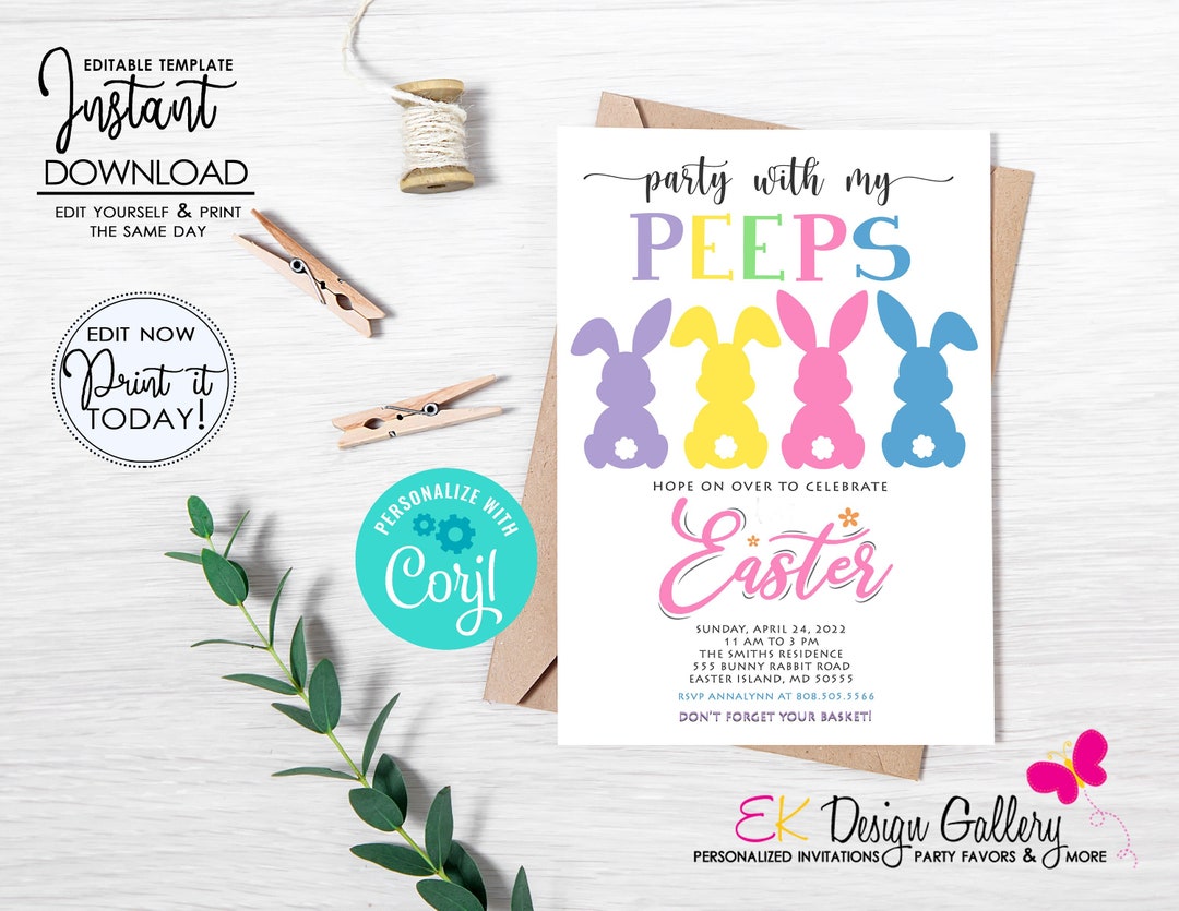 Easter Peeps Birthday Invitation: Egg Hunt Party (corjl EDITABLE ...