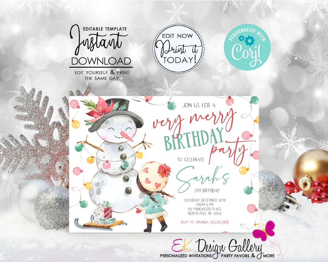 Snowman Birthday Invitation: Winter Girl's Party Invite, Editable ...