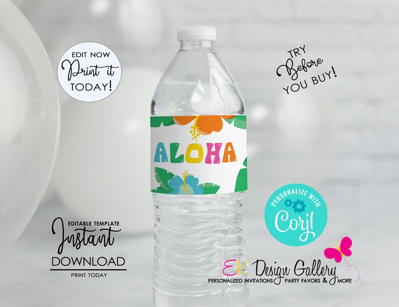 Aloha Water Bottle Labels: Hawaiian Luau Party Decoration (instant ...