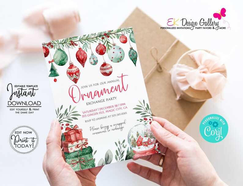 Christmas Ornament Exchange Invitation: Holiday Party Invite, EDITABLE ...