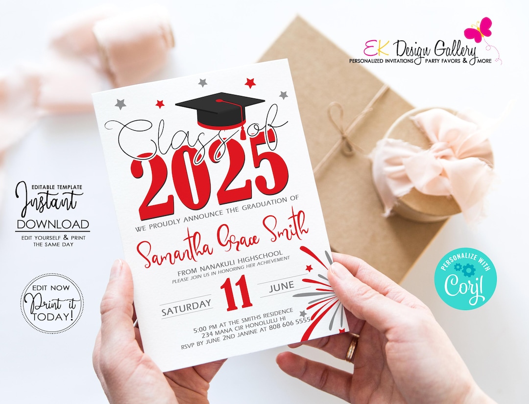 Graduation 2025 Invitation, Red Grad Invite, Graduation Party Invite ...