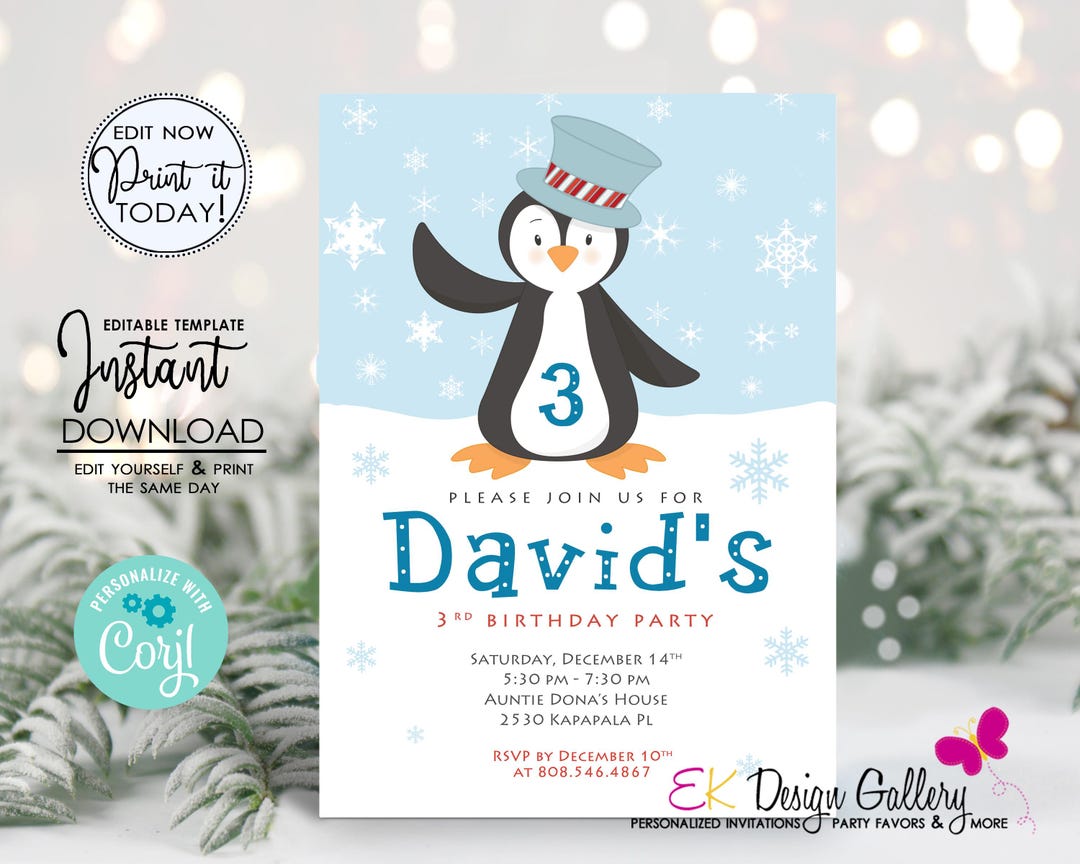 Winter Birthday Party Invitation, Penguin Boy Birthday, Winter Birthday ...