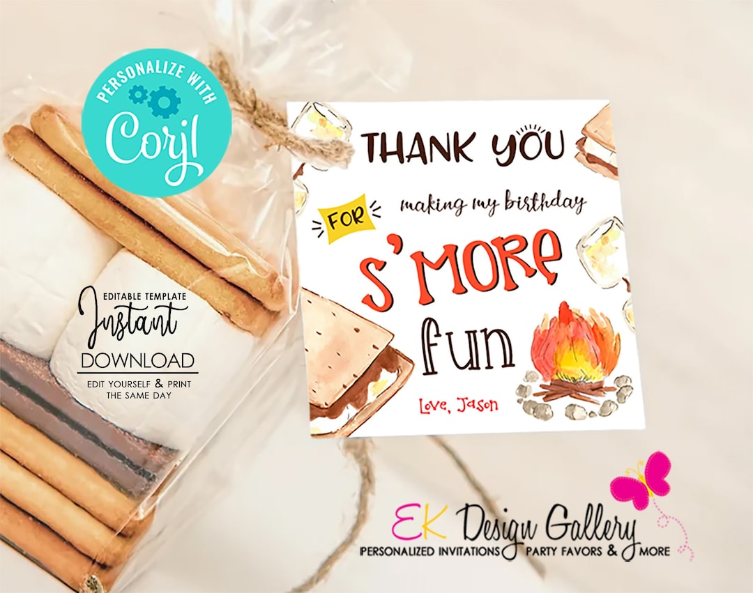 Editable S'mores Birthday Thank You Tag: Bonfire Favor Label (instant ...