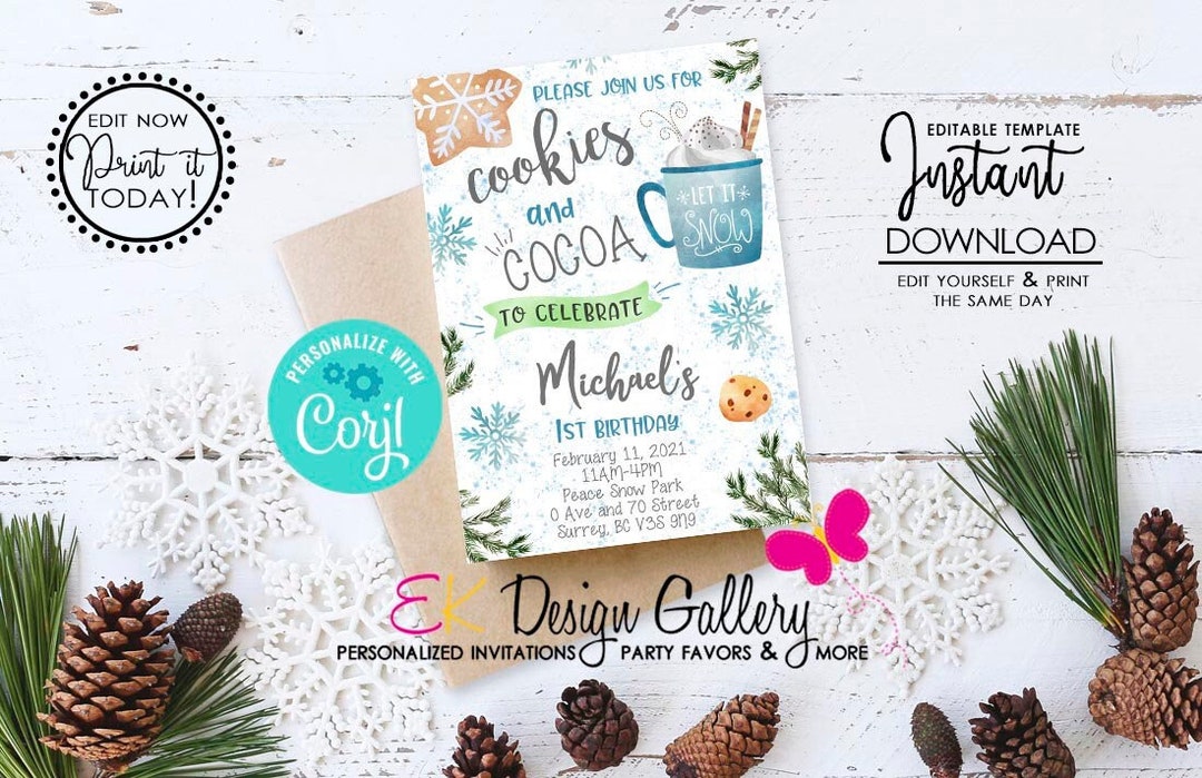Editable Cookies and Cocoa Party Invitation Winter Birthday Holiday ...