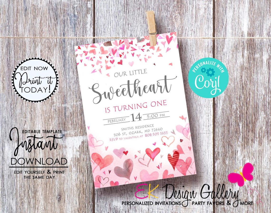 Sweetheart Birthday Invitation: Valentine's Heart Invite (digit ...