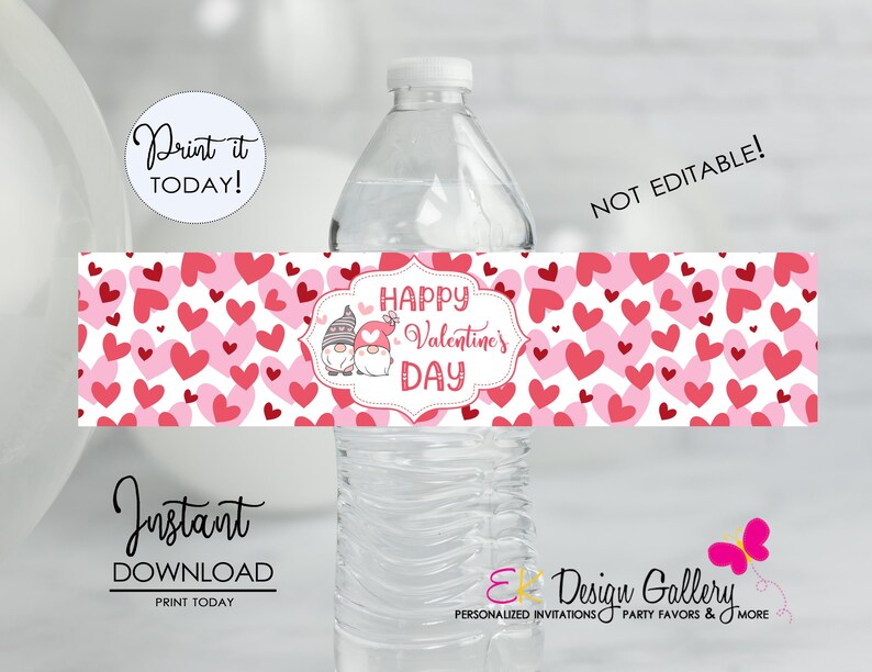 Valentine's Day Gnome Water Bottle Label, Printable Bottle Wrap ...