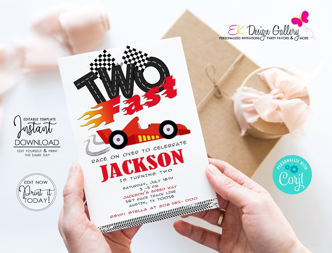 Editable Two Fast Race Car Invitation Boys Second Birthday Party Invite ...