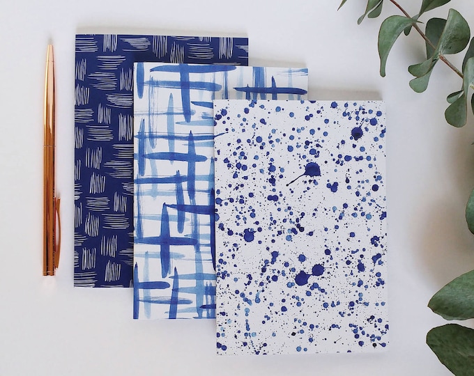 Set of 3 Notebooks, 3 X A6 Notebooks, Blue & White Notebooks, A6 Ink ...