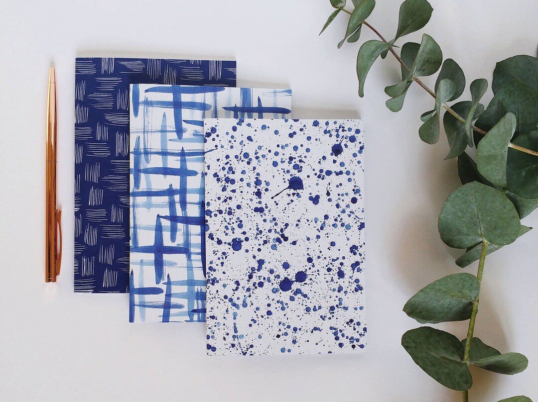 Set of 3 Notebooks, 3 X A6 Notebooks, Blue & White Notebooks, A6 Ink ...