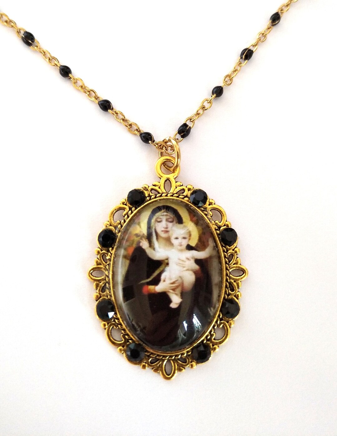 Virgin Mary and Child Medallion Necklace Christian Icon Style Pendant ...