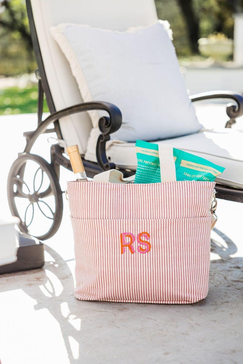 Embroidered Monogram Striped Cooler Tote // Monogrammed Insulated ...