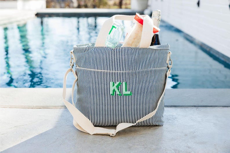 Embroidered Monogram Striped Cooler Tote // Monogrammed Insulated ...