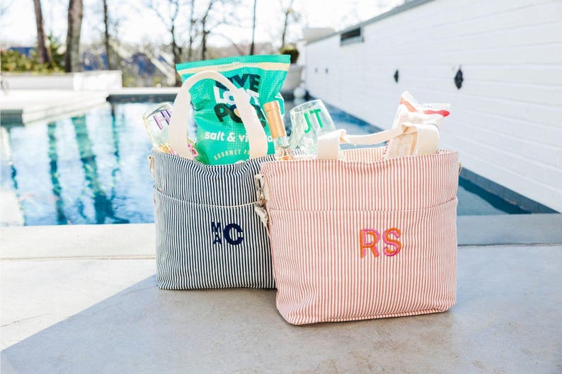 Embroidered Monogram Striped Cooler Tote // Monogrammed Insulated ...