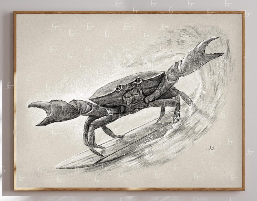 Surfing Crab Pencil Drawing – Vintage Marine Art Print (digital ...