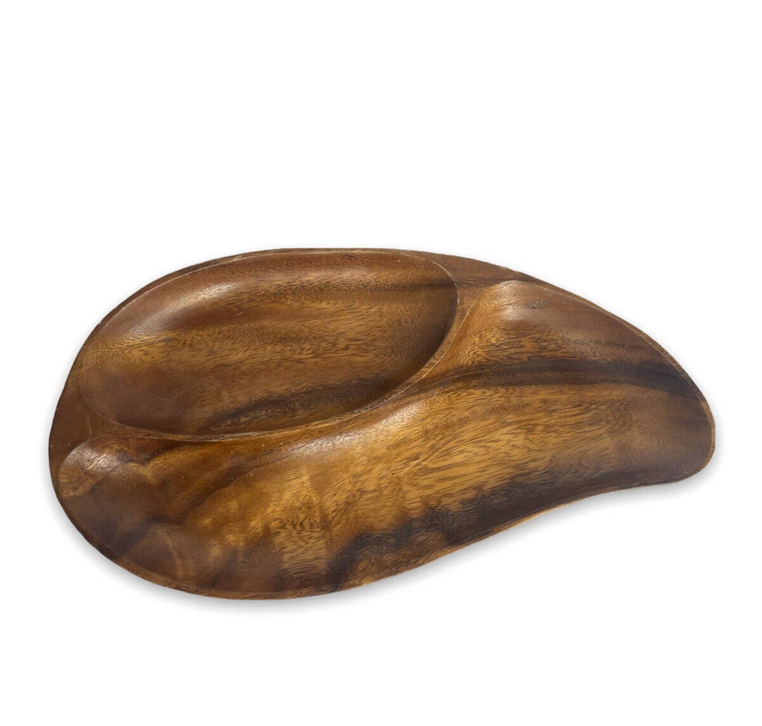 Monkey Pod Wood Divided Serving Plate Dish Vintage MCM Teak Wood Leaf ...