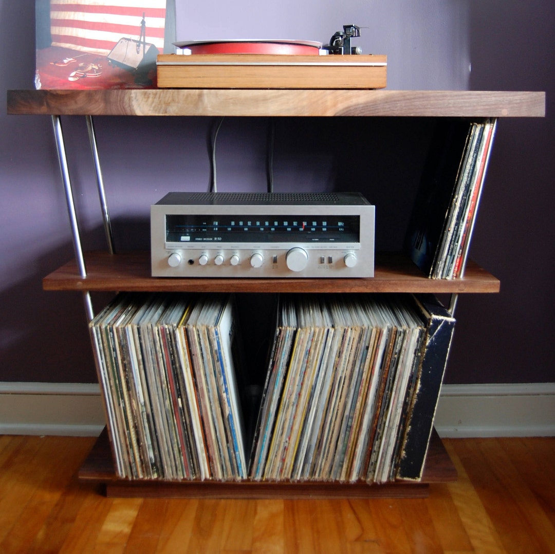 Solid Walnut Record Player Table / Shelf and LP Holder for 12 Vinyl Lps ...