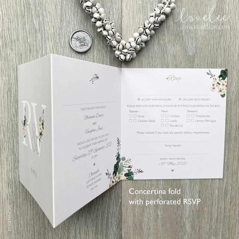 Rhiannon – Trifold Concertina Wedding Invitation and RSVP. Floral ...