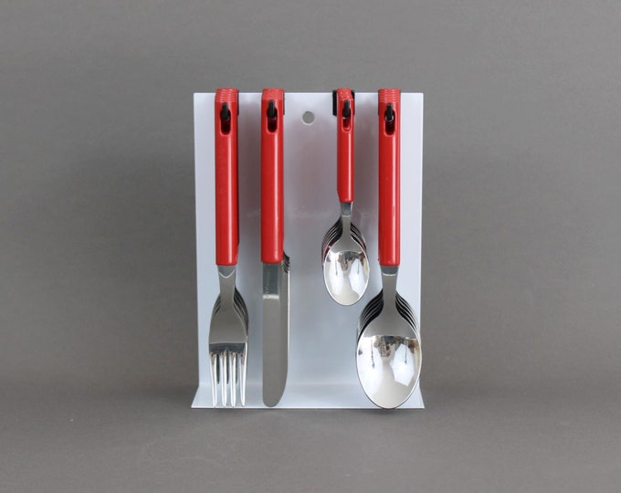Vintage 1980s ABERT Italy Cutlery Set for 6, Stainless Steel With Red ...