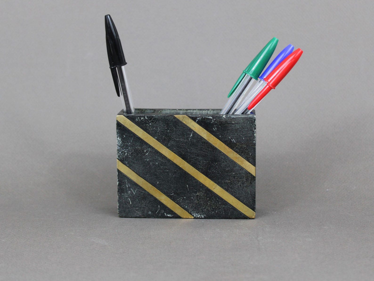 Vintage 1960s Soapstone & Brass Pen Holder, Desk Organizer, Black and ...