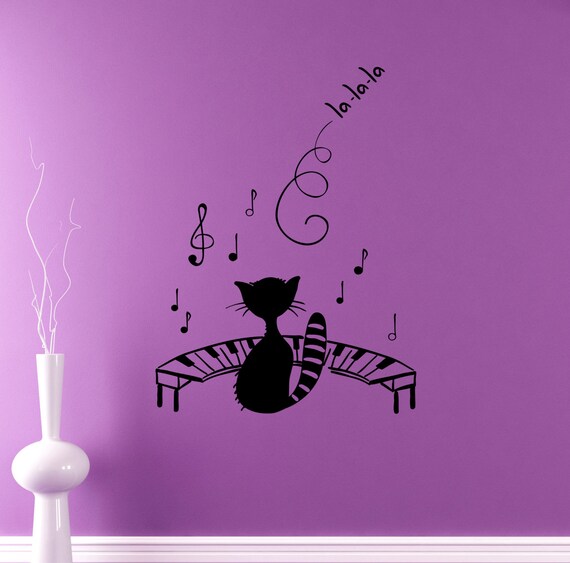 Musical Cat Wall Vinyl Decal Piano Notes Wall Sticker Music | Etsy