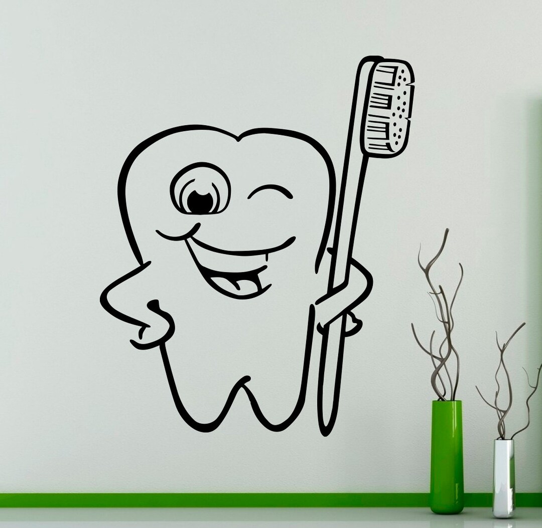 Tooth With Toothbrush Wall Decal Dental Vinyl Sticker Wall Art Decor ...