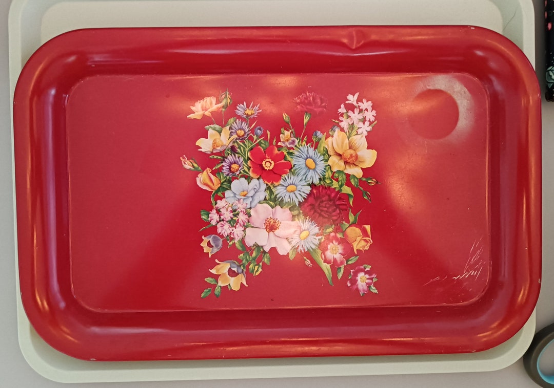 Vintage Red Metal Floral Tray - Etsy