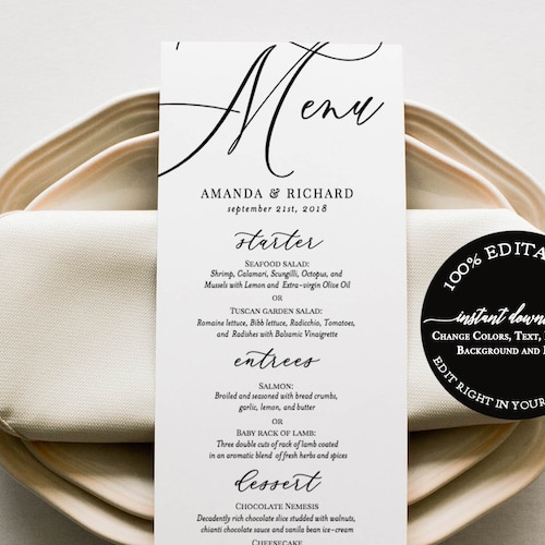 DIY Wedding Menu Template Printable Wedding Menu Cards Menu | Etsy