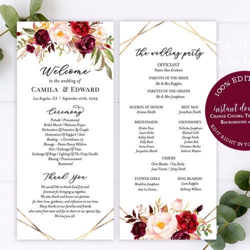 Editable Wedding Program Template Fully Editable Printable - Etsy