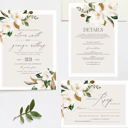 Magnolia Menu Card Template Rustic Dinner Menu Wedding Menu | Etsy