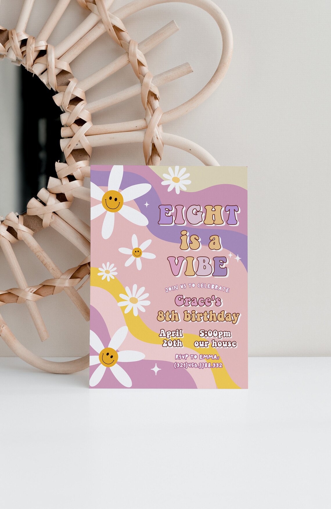 Editable Eight is A Vibe Groovy Birthday Party Invitation Peace Love ...