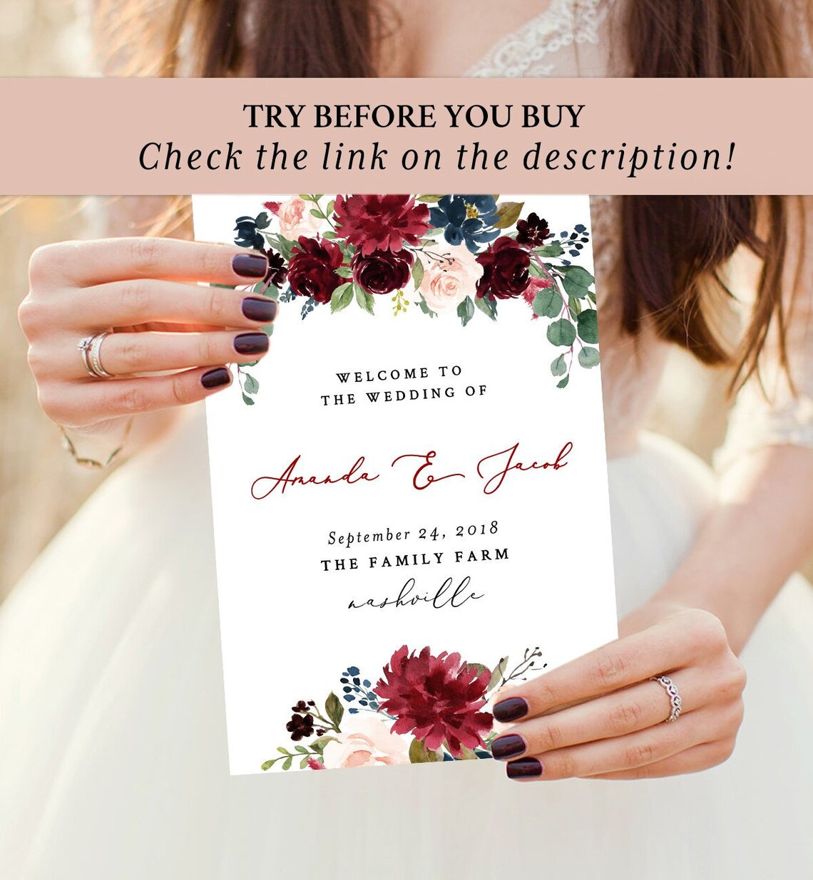 Bi-fold Wedding Program Template, Burgundy Wedding Program Template ...