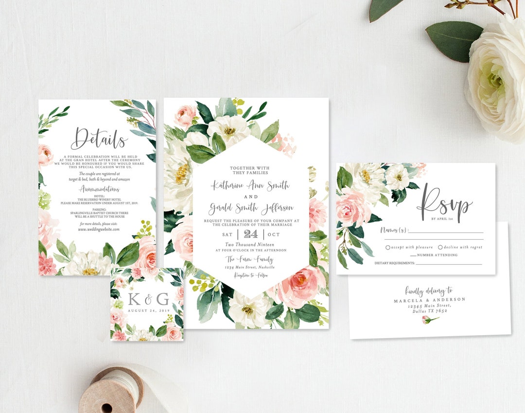 Floral Wedding Invitation Template, Instant Download, Printable Wedding ...